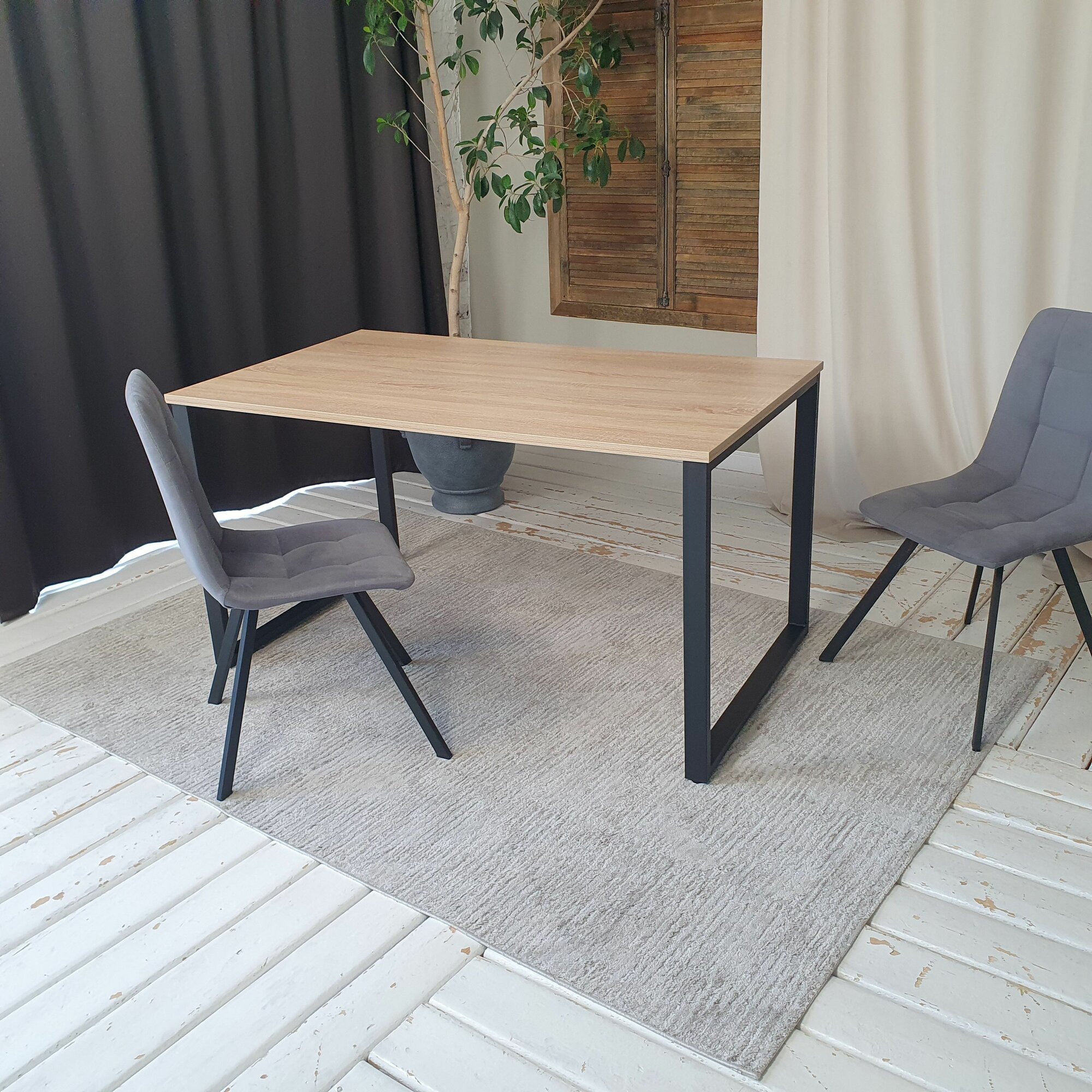 Кухонный стол лофт 140*80 см. Дуб Сонома. Черные ножки. 22 мм Столешница