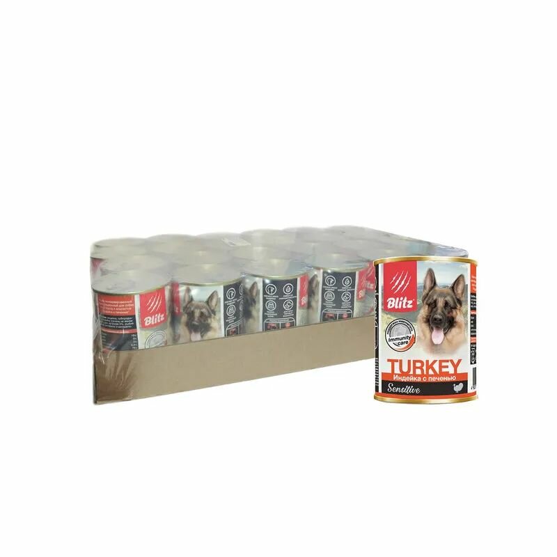 Консервированный влажный корм BLITZ Sensitive Dog для собак Индейка с печенью. Гипоаллергенный, 6 шт по 400 г