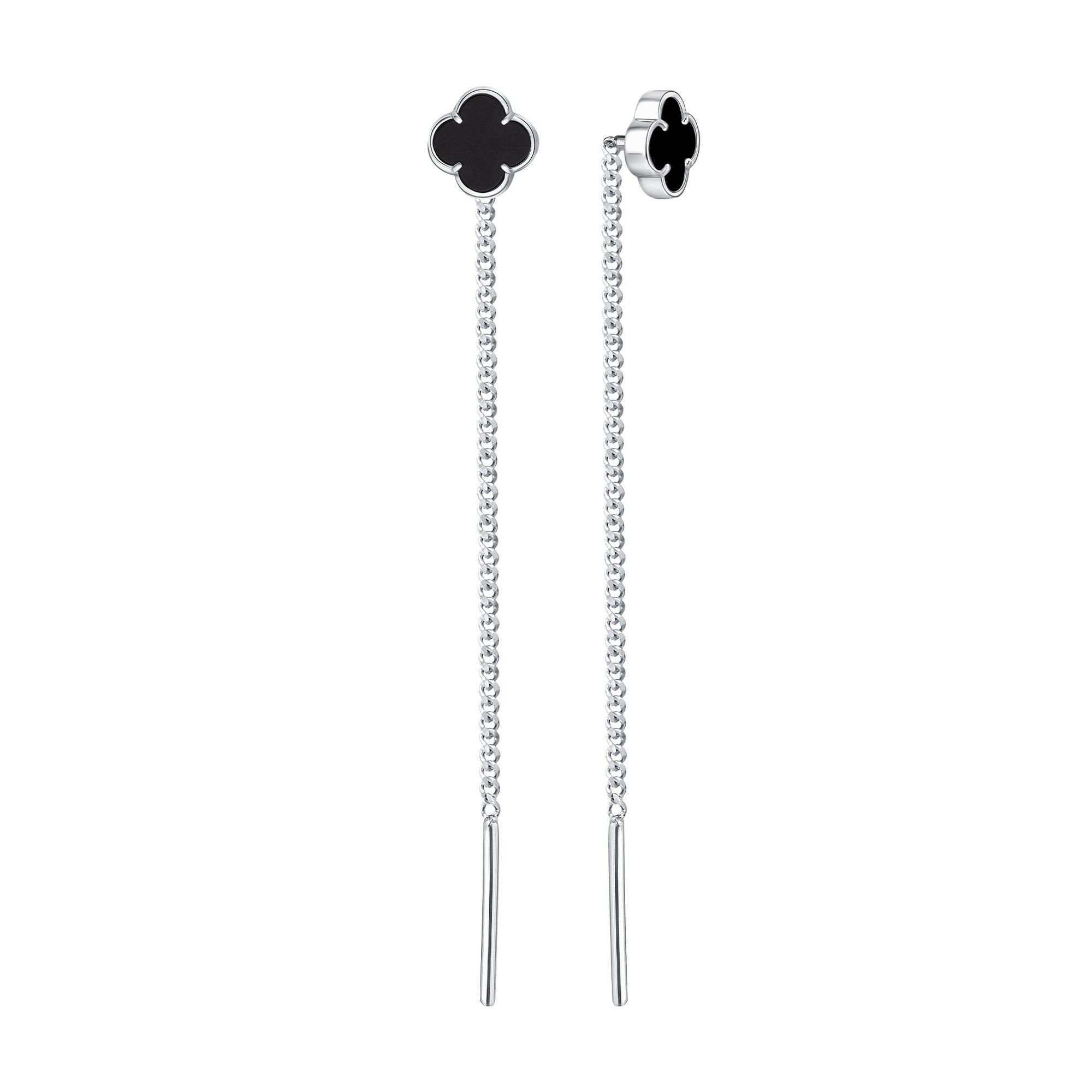 Серьги цепочки, серебро, 925 проба, родирование, оникс