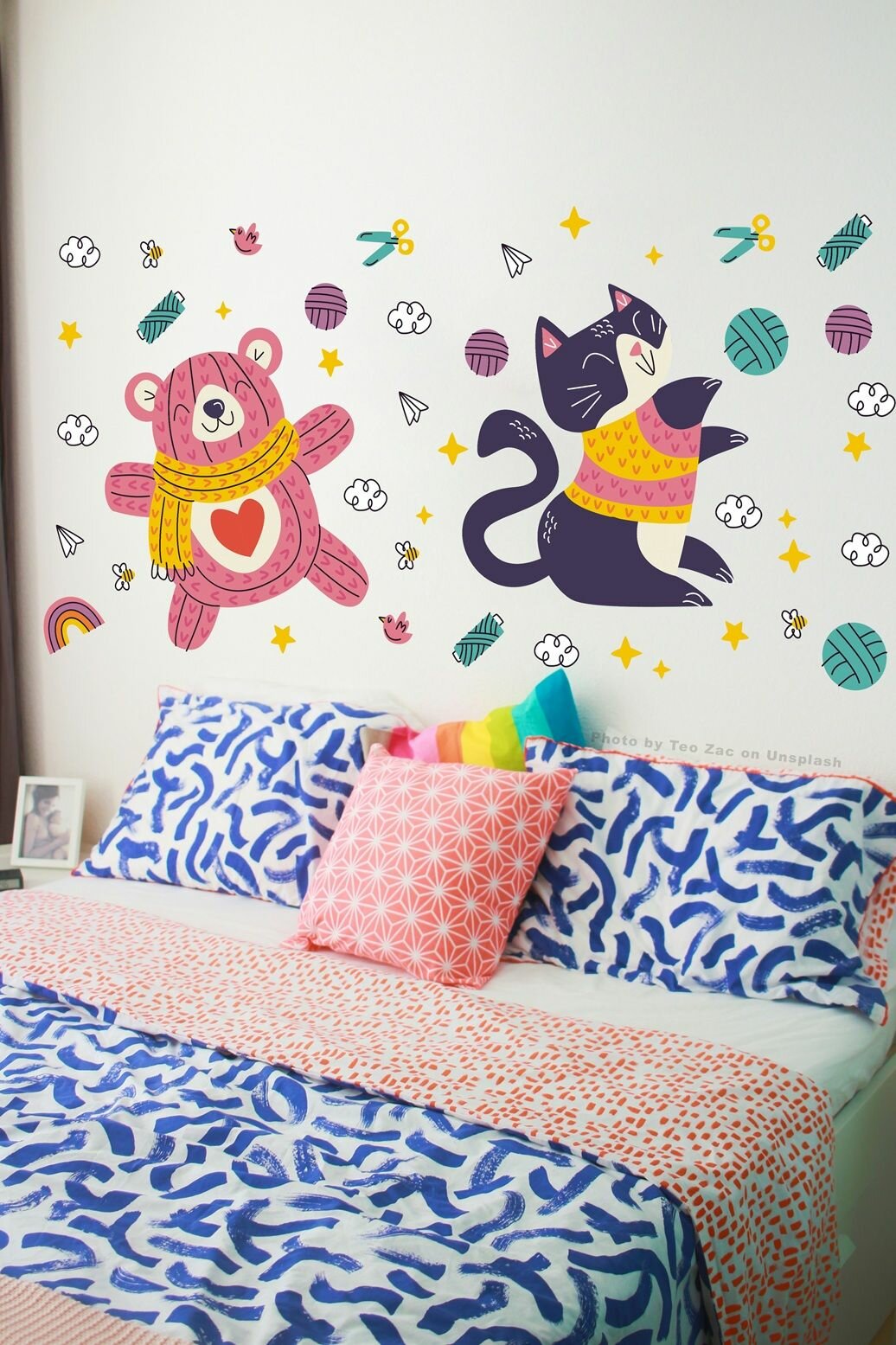 Интерьерная наклейка детская, влагостойкая "Вязаный кот и медведь" легкосъемная