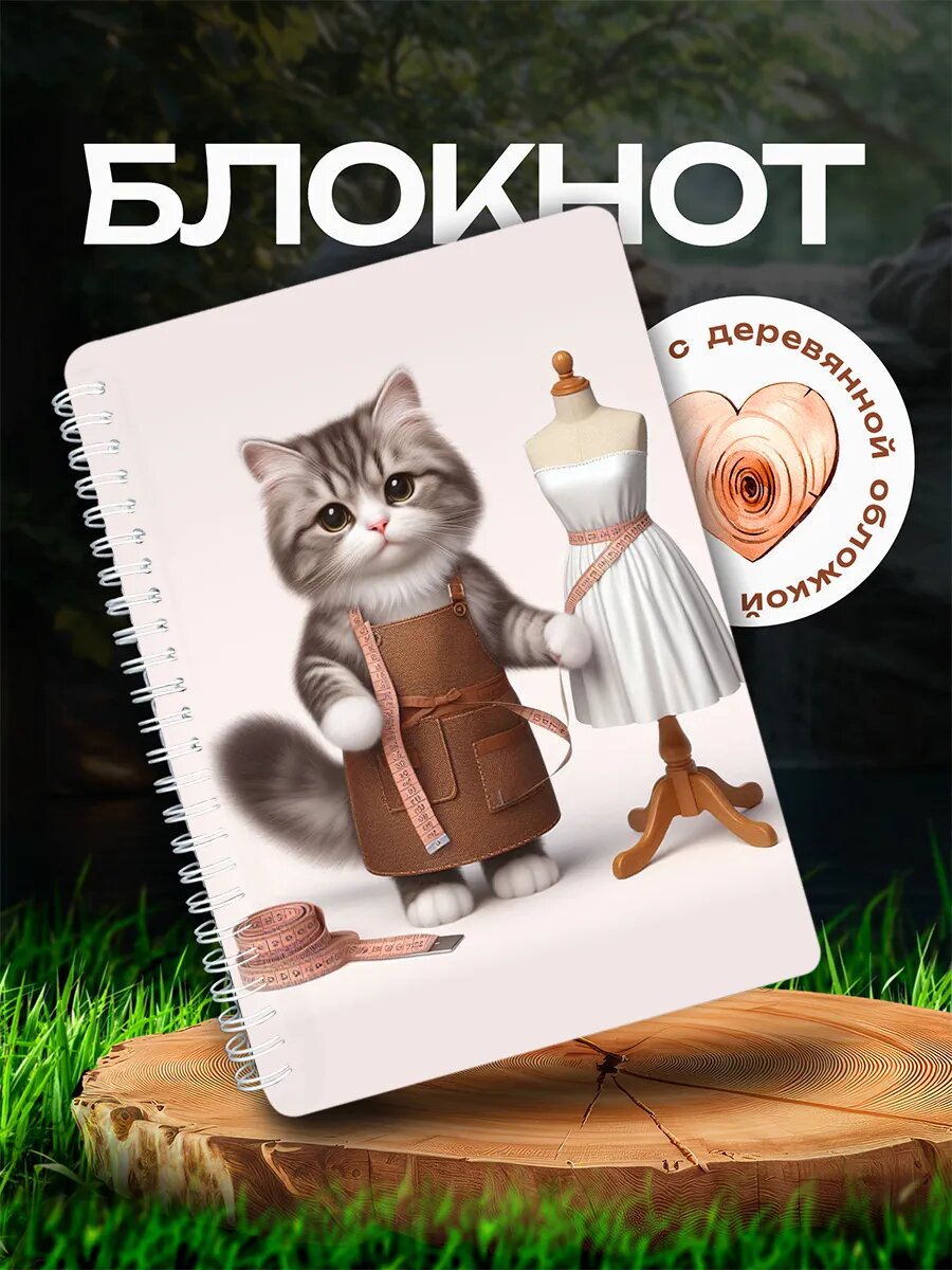 Блокнот деревянный Wood-Book с принтом с котиком, портной в подарок ежедневник