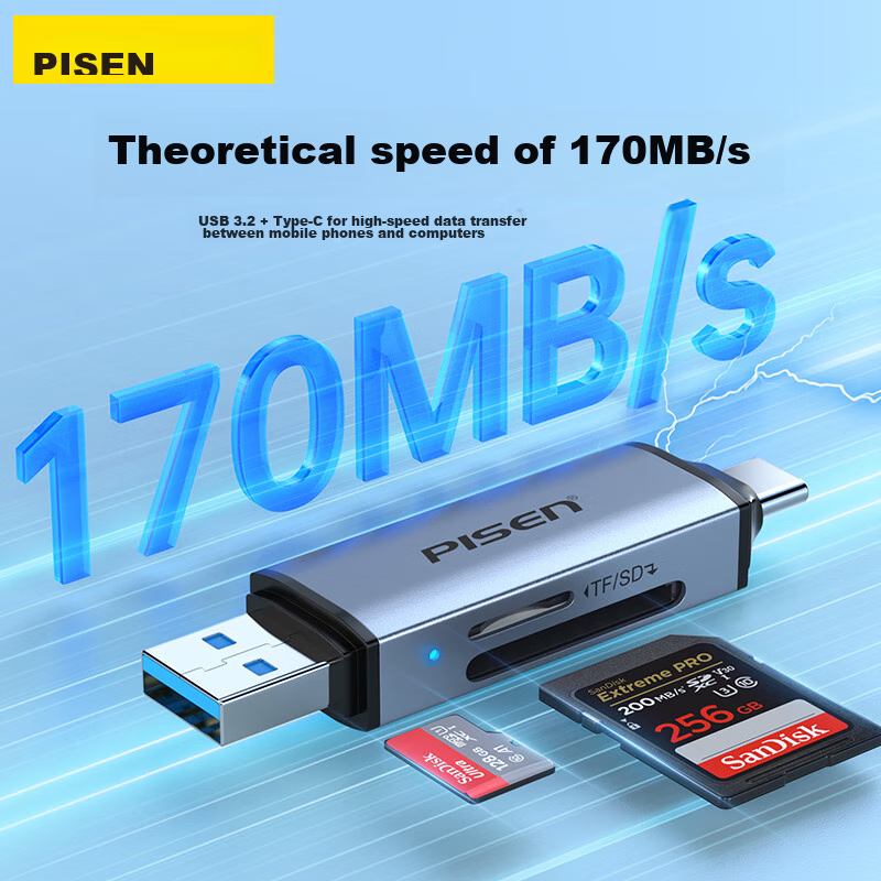 Pisen USB 3.2 Card Reader, TF/SD Dual-Port, USB/Type-C Dual-Port, Drone Camera Surveillance Card Reader, Compatible with Apple 15/16 Android Phones And Computers