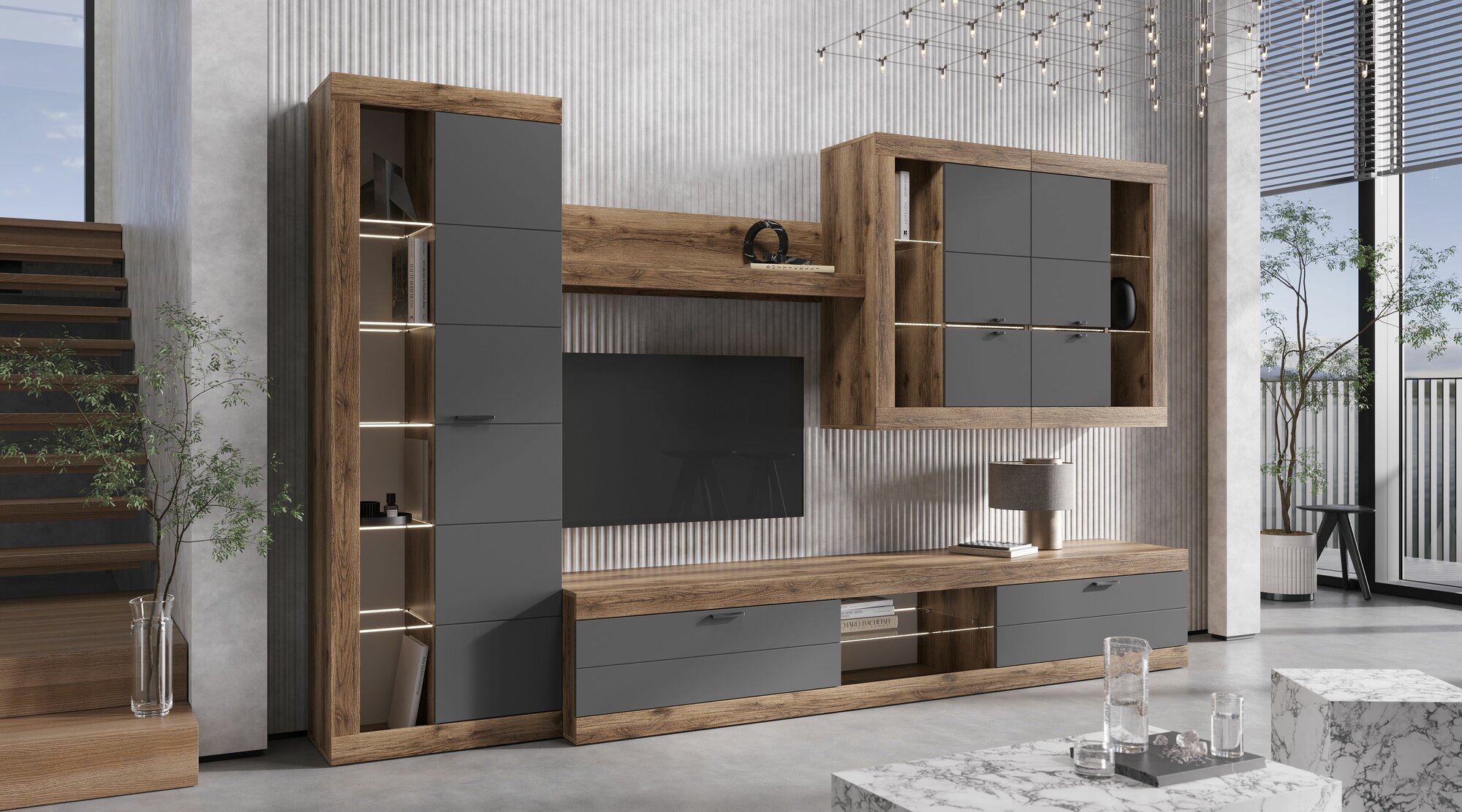 Комплект мебели для гостиной Прага с подсветкой (комп 29) Дуб Делано/Графит Софт