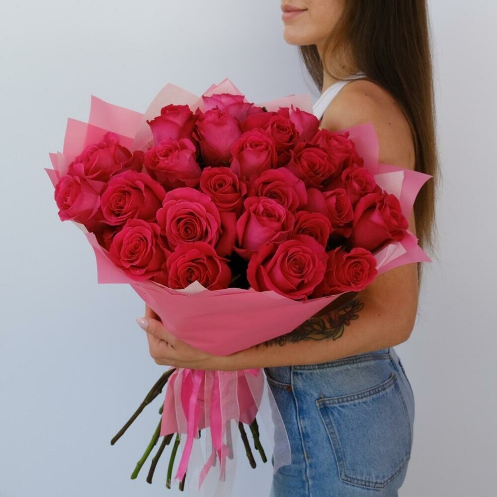 Букет живых цветов Королевство праздника "Премиум розы Пинк Флойд", 25 роз, высота 60 см, розовый