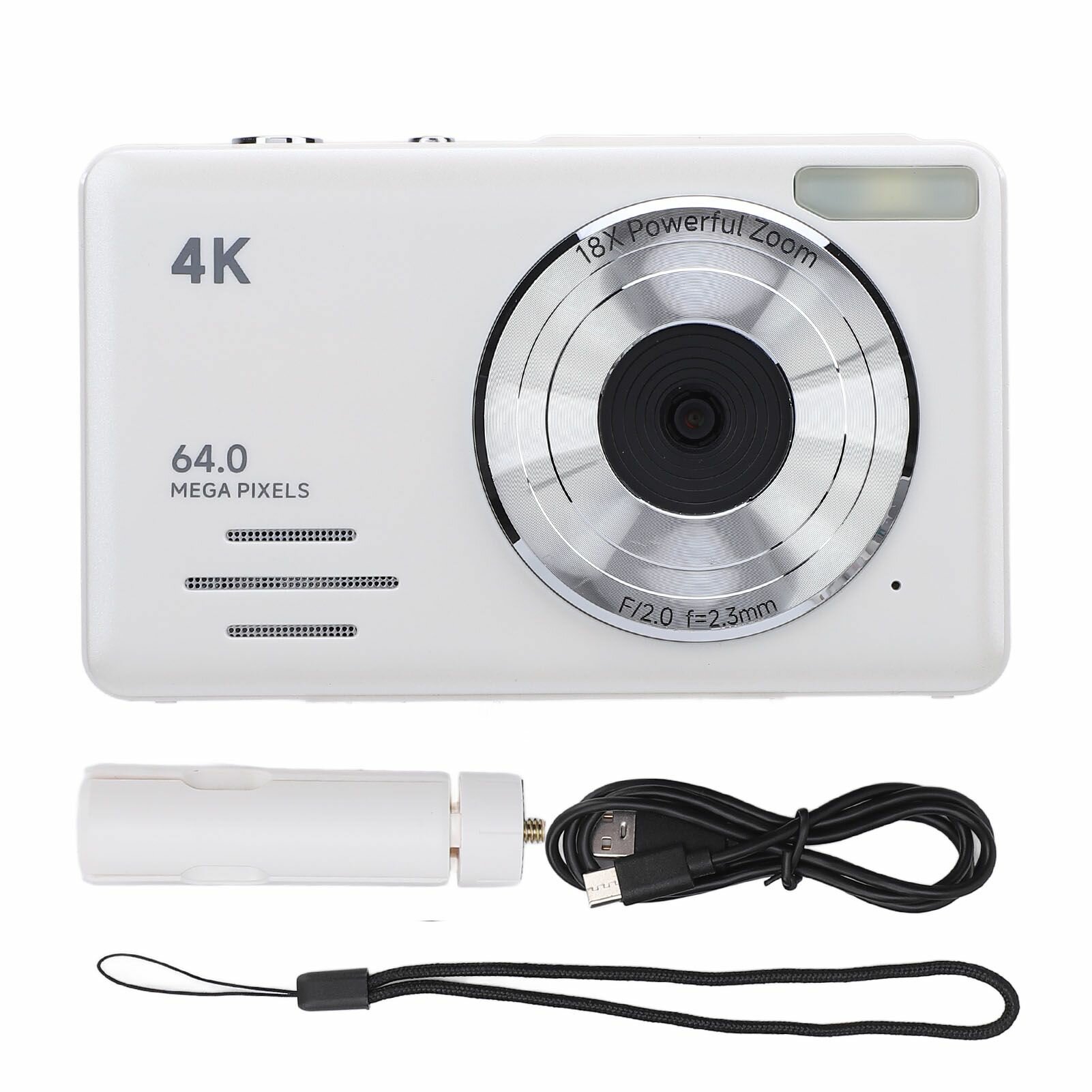 Цифровая камера 4K 64MP с 18-кратным цифровым зумом, автофокусом, компактной маленькой камерой, несколькими фильтрами, циклической записью, замедленной съемкой, покадровой съемкой, белой