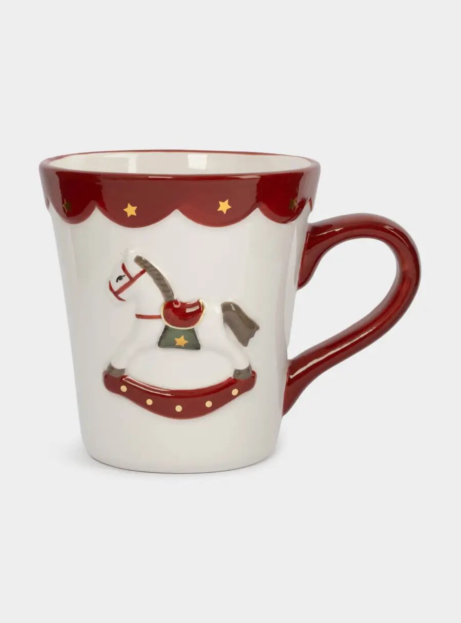 Кружка, 510 мл, керамика D, бело-красная, Лошадка-качалка, New year