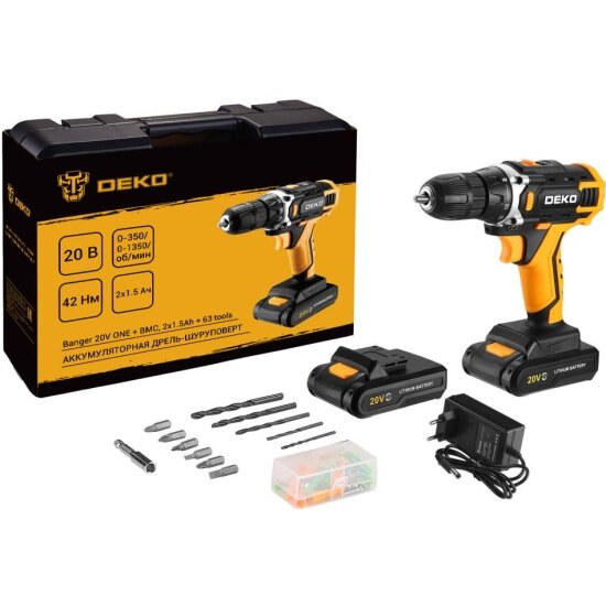 Дрель-шуруповерт аккумуляторная Deko Banger 20V ONE в кейсе + набор 63 инстр. для дома, 20В (083-1043)