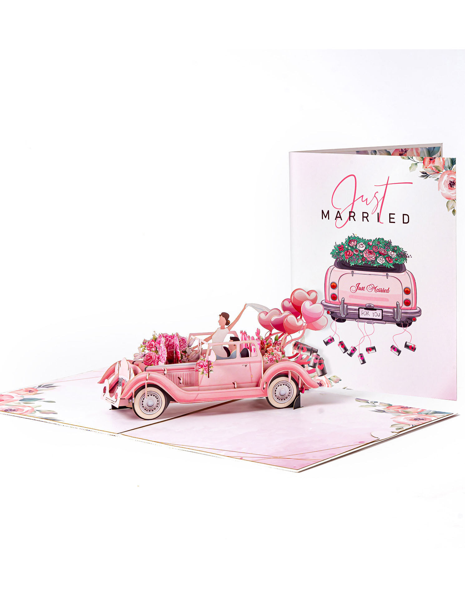 3D открытка Авто и молодожены, на свадьбу, с конвертом, 17 см