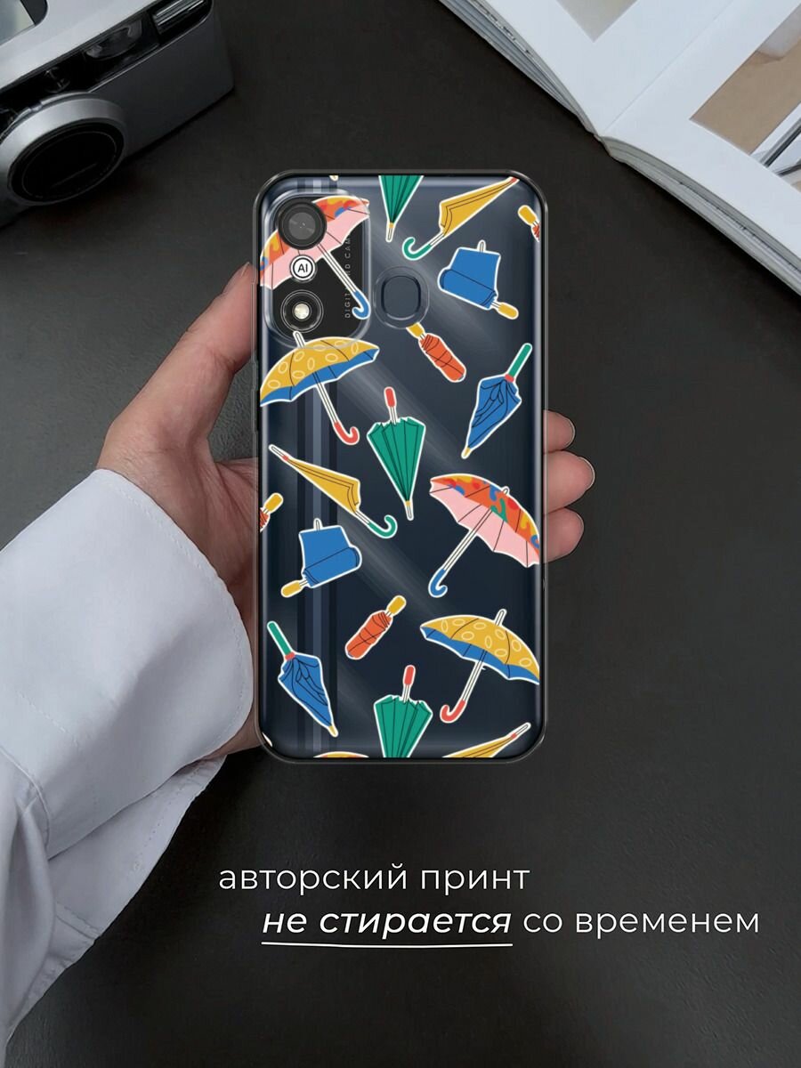 Чехол на Itel A27 / Ител А27 с принтом "Зонты паттерн", прозрачный — фото 1