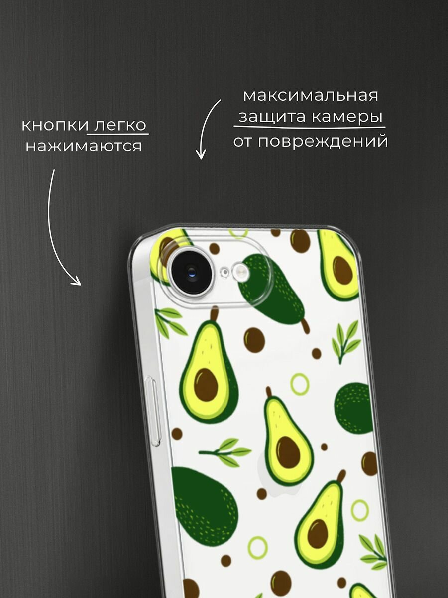 Чехол на Apple iPhone 16e/17e / Айфон 16е/17e с принтом "Авокадо паттерн", прозрачный — фото 1
