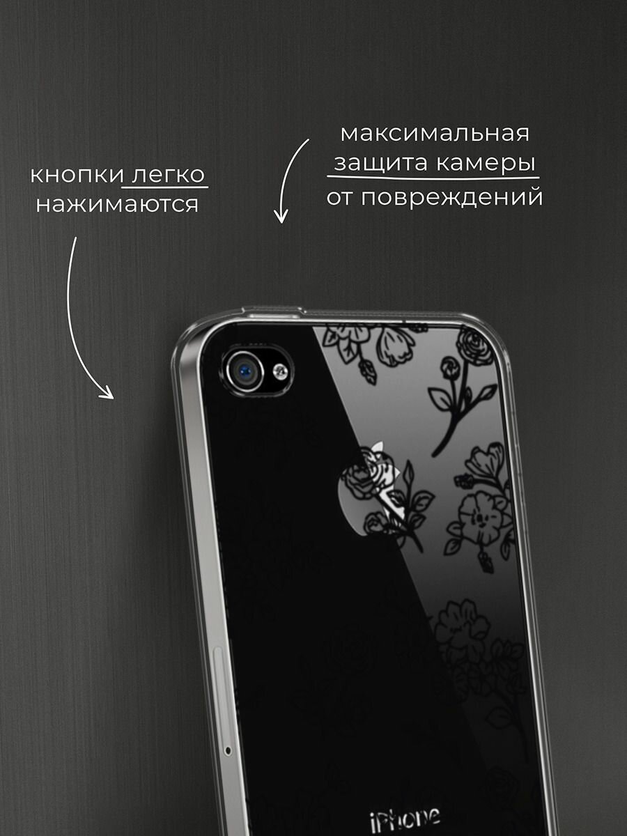 Чехол на Apple iPhone 4/4S / Айфон 4/4S с принтом "Черные розы паттерн", прозрачный — фото 1
