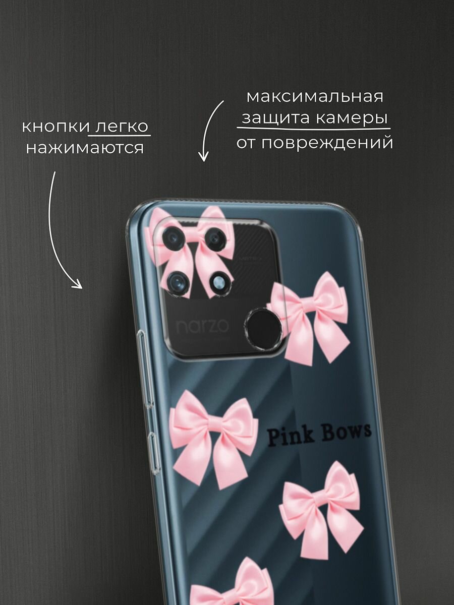 Чехол на Realme Narzo 50A / Реалми Нарзо 50A с принтом "Pink Bows", прозрачный — фото 1