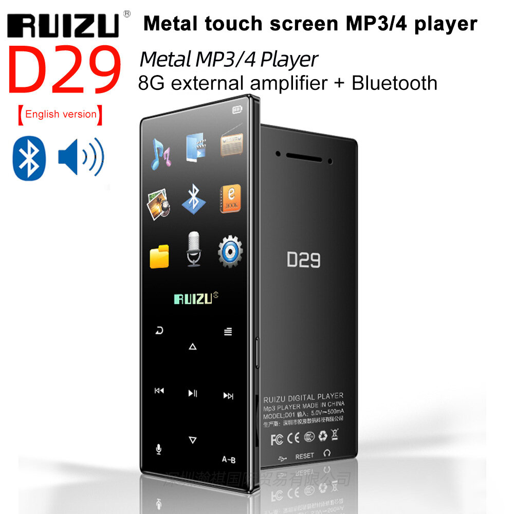 Плеер MP3 MP4 Ruizu D29 металлический с поддержкой воспроизведения видео, Bluetooth, внешним динамиком, черный, 8GB, 1.8 дюймовый экран TFT, USB 2.0, встроенный микрофон, поддержка карт памяти TF до 128GB, АРЕ, FLAC, MP3, WAV, AMV, AVI