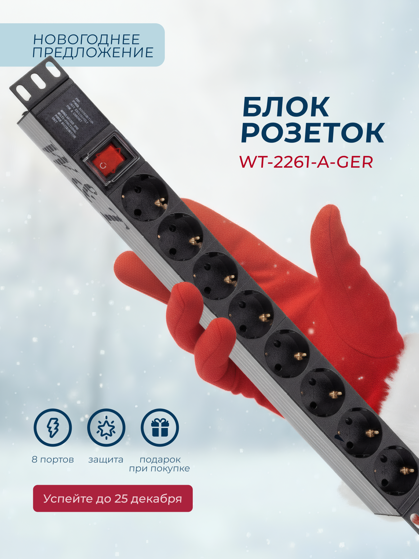 Блок розеток 19" EURO на 8 гнезд с выключателем WT-2261A-GER