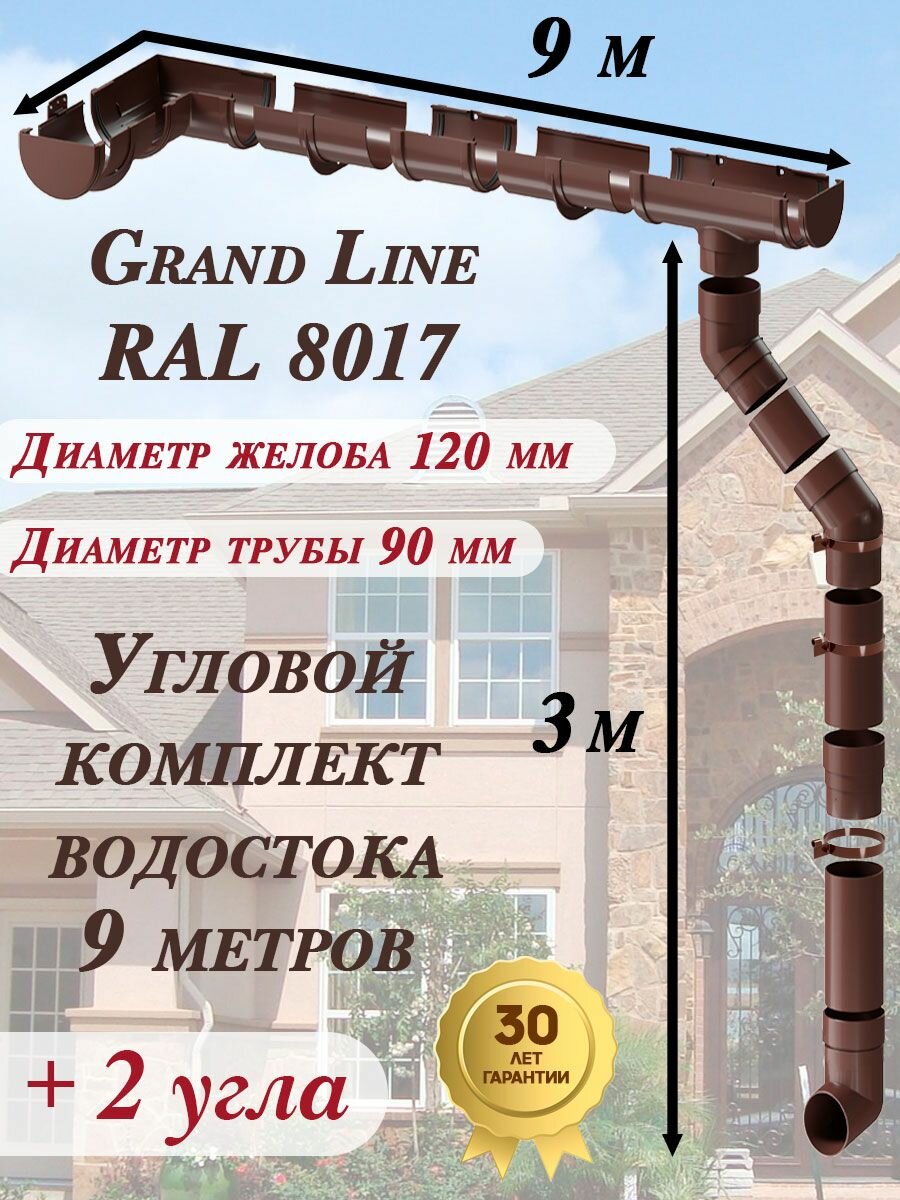Угловой/прямой комплект водосточной системы Grand Line на 9 м карниза (120мм/90мм) коричневый для вальмовой кровли с двумя универсальными углами, водосток Гранд Лайн (RAL 8017 шоколад) ПВХ