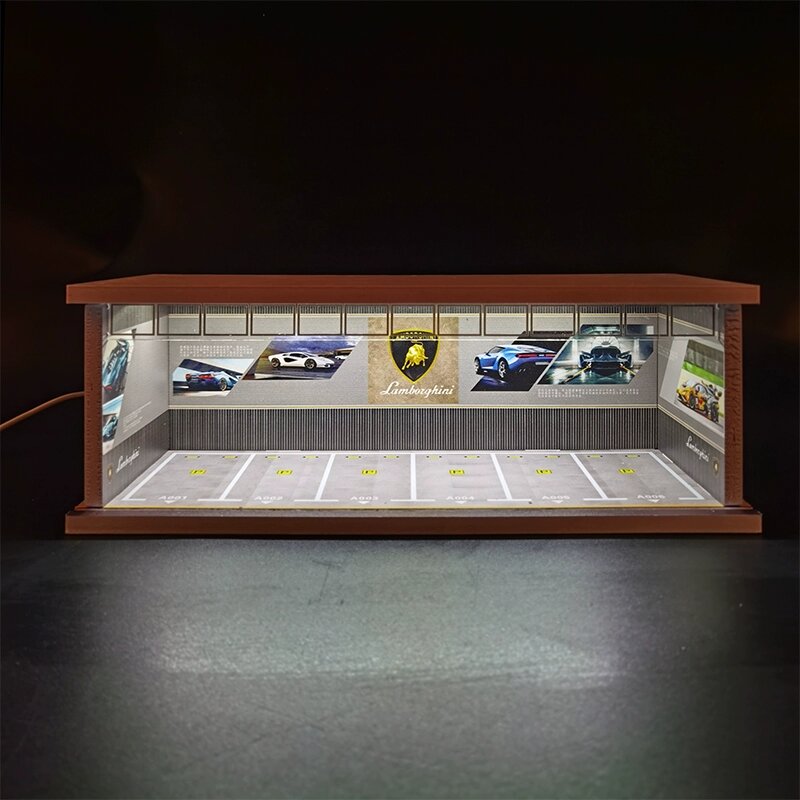 Модель гаража 1:64 с LED подсветкой для 6 автомобилей — тема Lamborghini