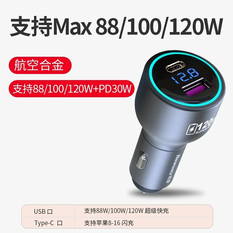 Автомобильное зарядное устройство с USB-C дисплеем, поддерживает 88 Вт/120 Вт + PD 30 Вт