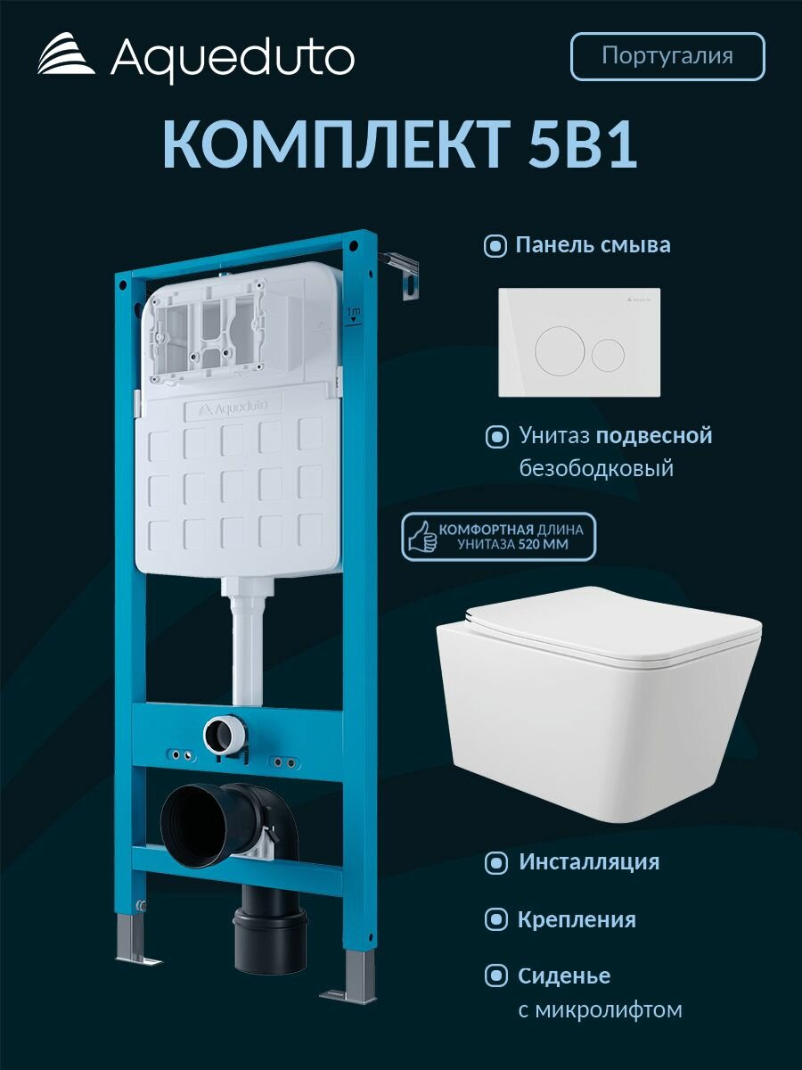 Комплект Aqueduto: Система инсталляции TECNICA Novo для подвесного унитаза, Панель смыва CIRCULO Novo белый глянцевый, Унитаз подвесной MACIO 520*370, сиденье с микролифтом, белый глянцевый