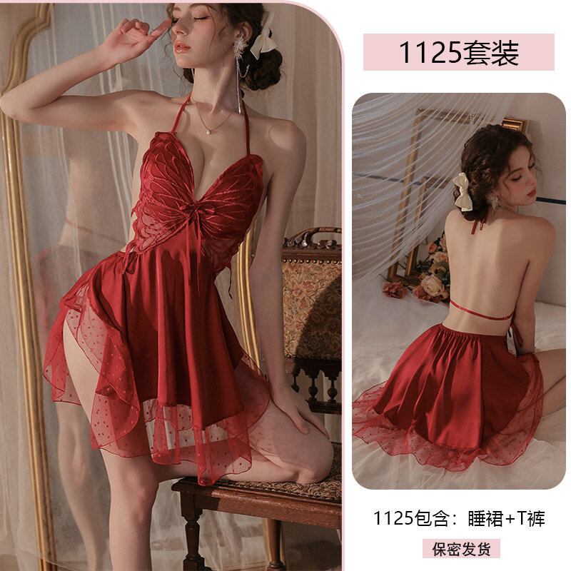 Сексуальная атласная ночная рубашка с бюстгальтером на подкладке, юбка в неровный горошек, сексуальное нижнее белье, пижама в униформе 1125