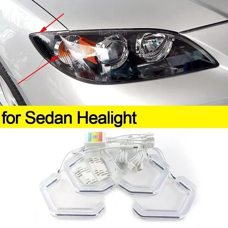 Разноцветные кольца RGB в стиле M4, светодиодный комплект «ангельские глазки» с управлением через приложение для Mazda 3 Mazda3 BK седан хэтчбек 2003-2008 гг.