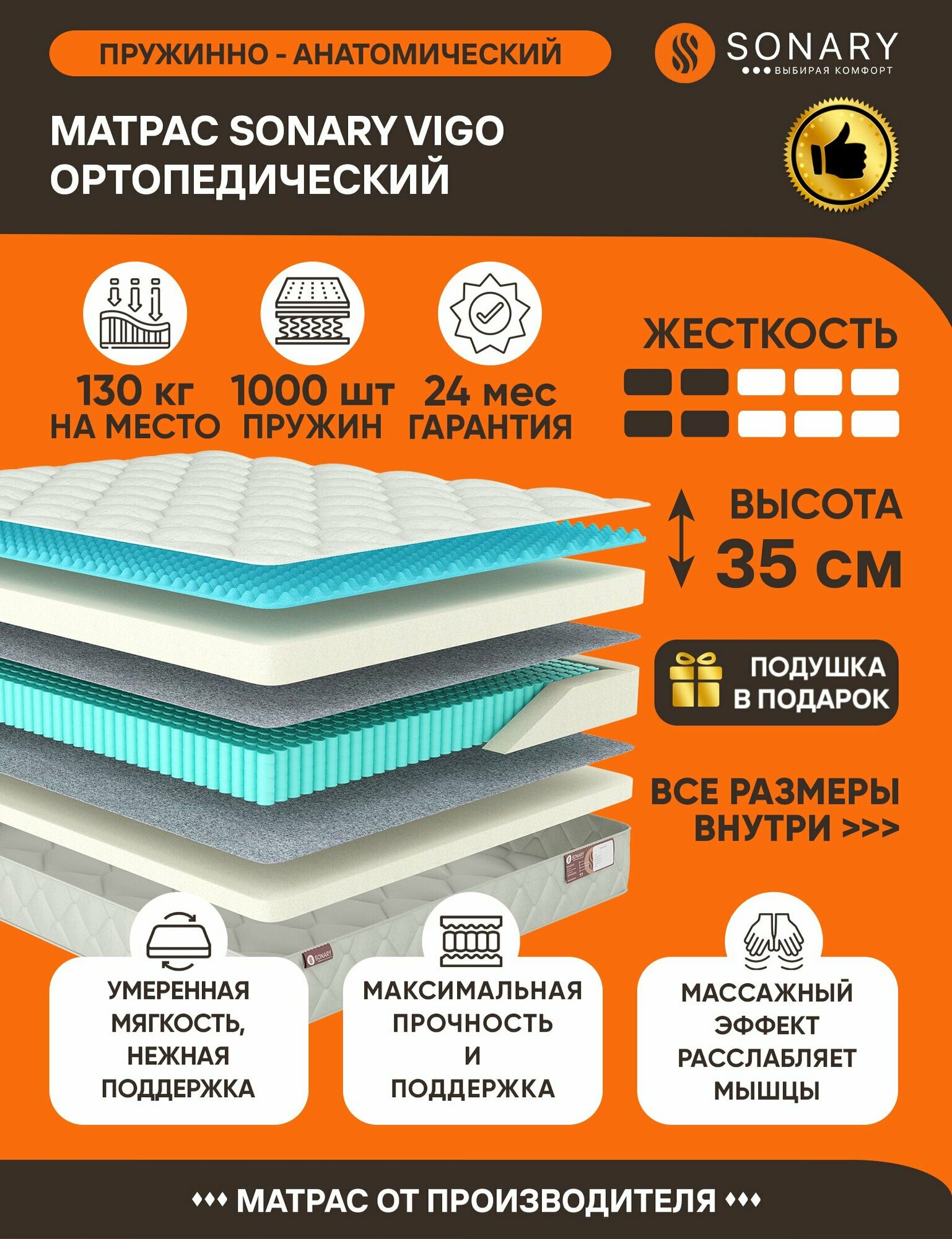 Матрас Sonary Vigo 80х186 серии Flow высота 35 см анатомический средней жесткости Независимые пружины