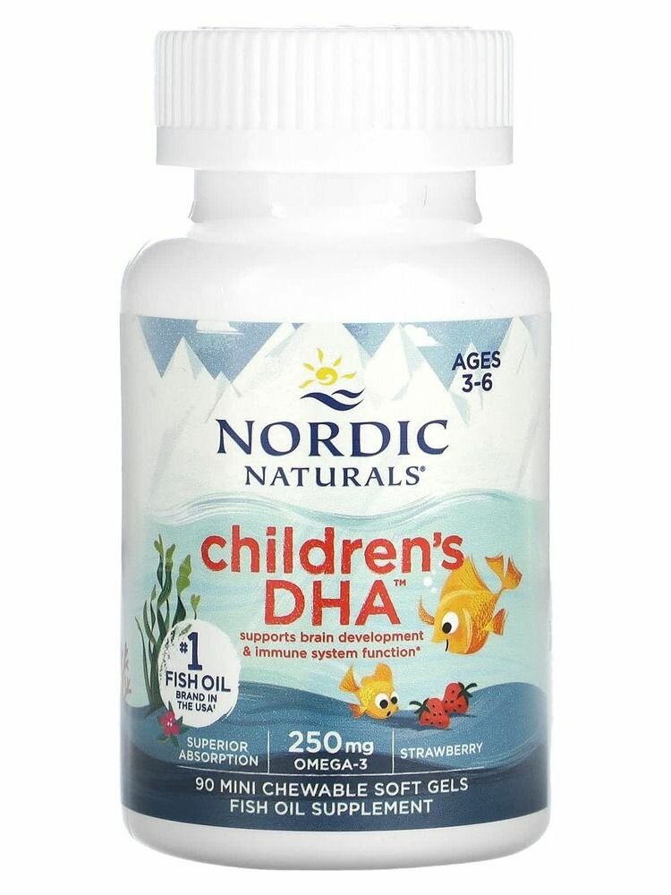 Nordic Naturals, Children's DHA, ДГК для детей от 3 до 6 лет, со вкусом клубники, 90 жевательных мини-капсул