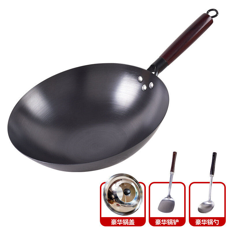 Живая электронная коммерция, популярная железная кастрюля, нитрированная кастрюля, кухонная сковорода, круглое дно, кованая железная кастрюля без покрытия, устойчивая к ржавчине