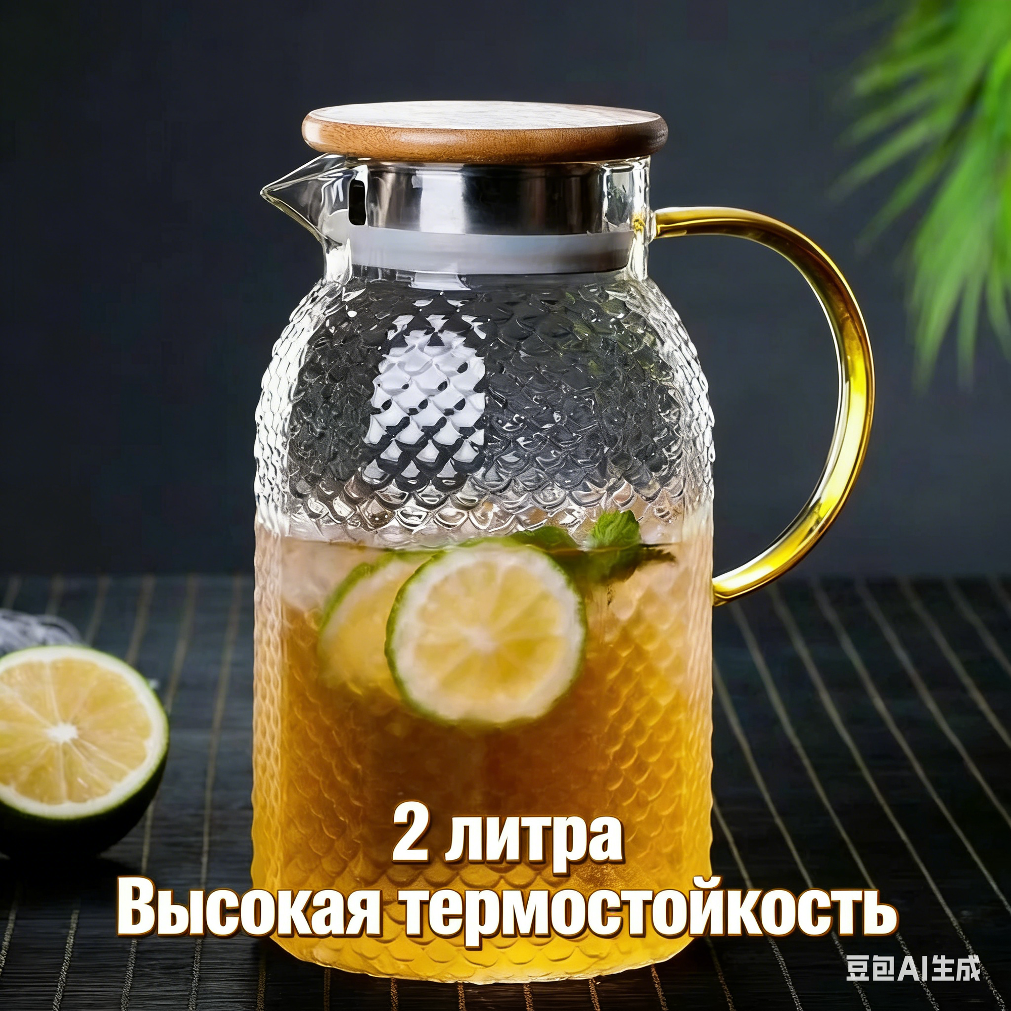 Кувшин Formula Tepla, боросиликатное стекло, деревянная крышка, 2 л, для холодной и горячей воды