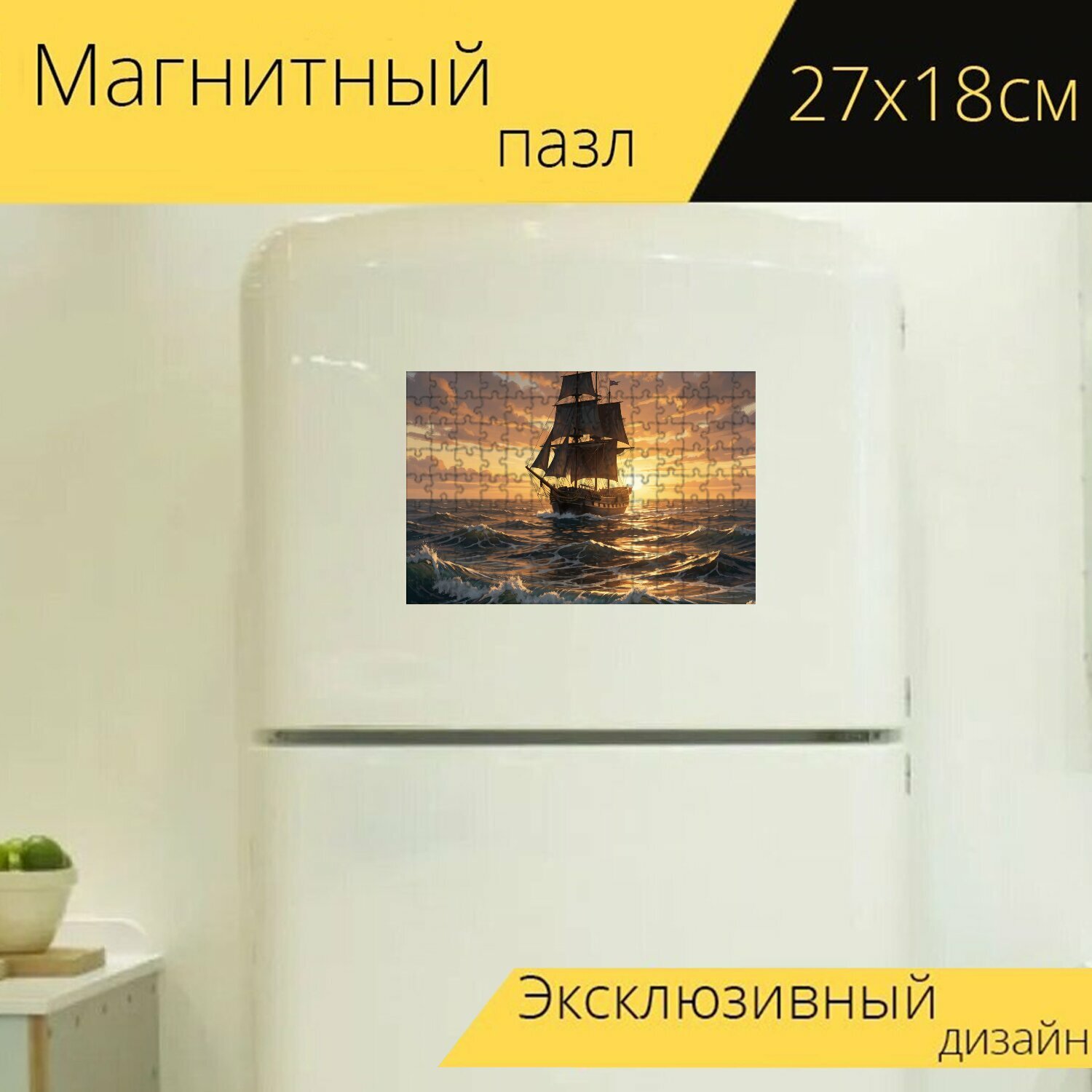 Магнитный пазл "Парусник в лучах заката. Одинокий корабль под темными парусами идет по волнам океана на фоне огненного горизонта. Живописный морской." на холодильник 27 x 18 см.