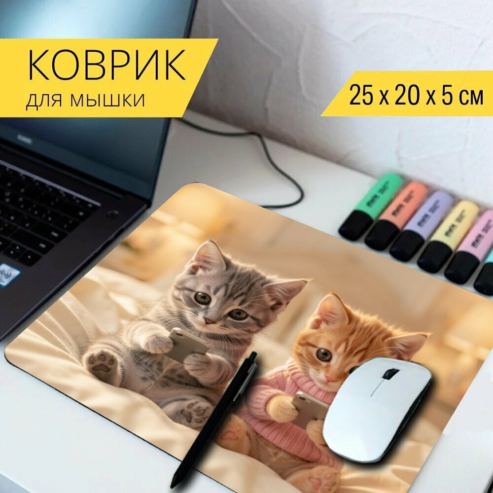 Коврик для мыши с принтом "Два котёнка с телефонами. Милые пушистые котята в вязаных свитерах сидят на уютной кровати и держат смартфоны. Тёплые бежево-розовые тона, мягкий." 25x20см.