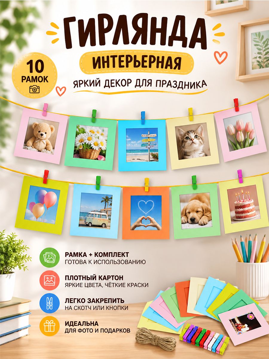 Гирлянда растяжка с фоторамками разноцветная, 10 шт