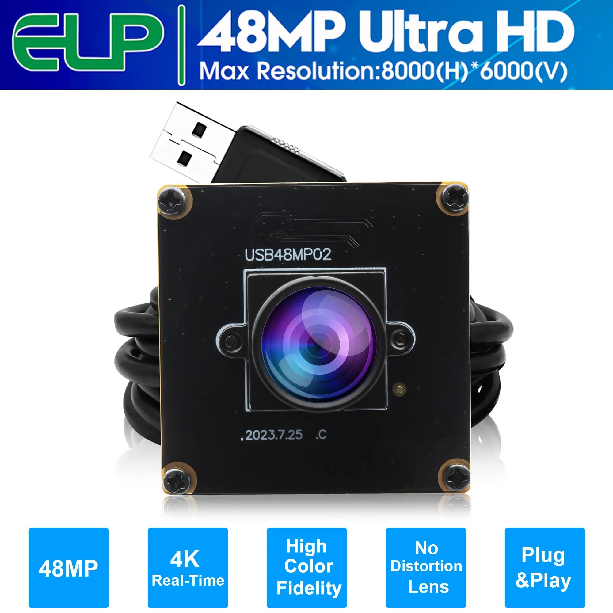 ELP 48MP USB-модуль камеры с широкоугольным объективом 100 градусов без искажений IMX586 UHD UVC 6000P 8K Промышленная USB-камера безопасности