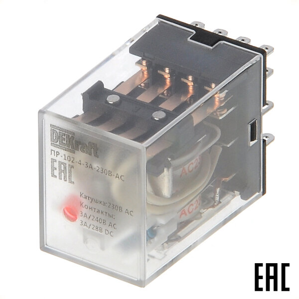 Реле промежуточное ПР-102-4-3A-230В-AC 23830DEK AC230В 3А 4 перекл. контакта LED (DEKraft/DELIXI) (4 шт. в наборе)