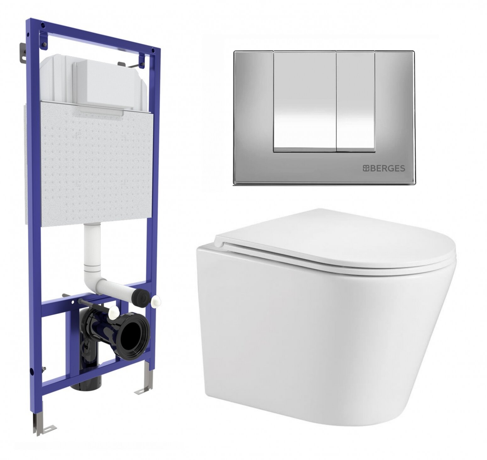 Комплект 3 в 1 инсталляция Berges Wasserhaus Novum 040242 + Подвесной унитаз WeltWasser Salzbach 043 GL-WT + кнопка хром матовая