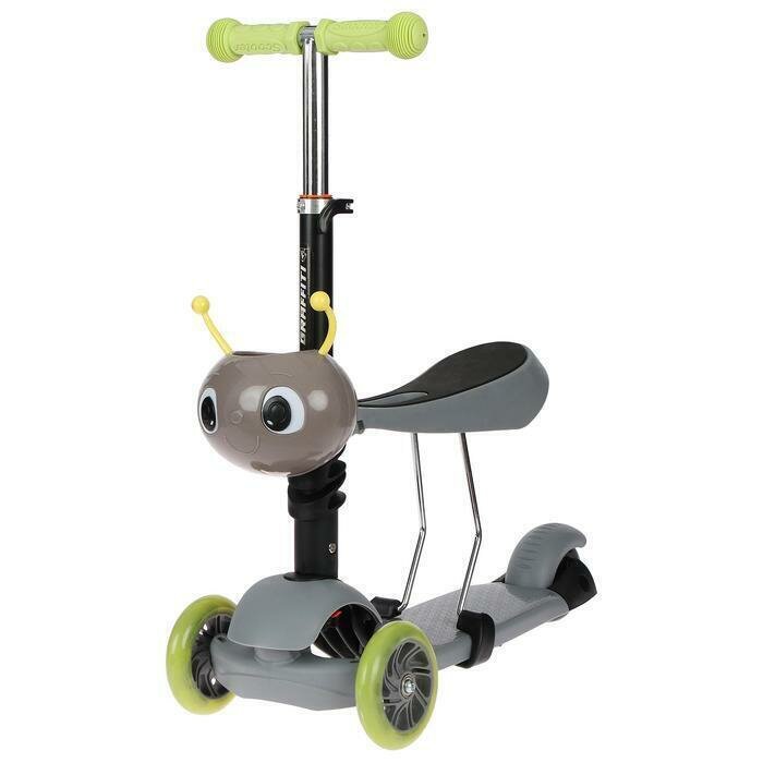 Детский трехколесный самокат-трансформер 2 в 1 GRAFFITI с корзинкой и сиденьем, кикборд, регулировка руля по высоте, ножной тормоз, полиуретановые колеса PU 120/75 мм, серый