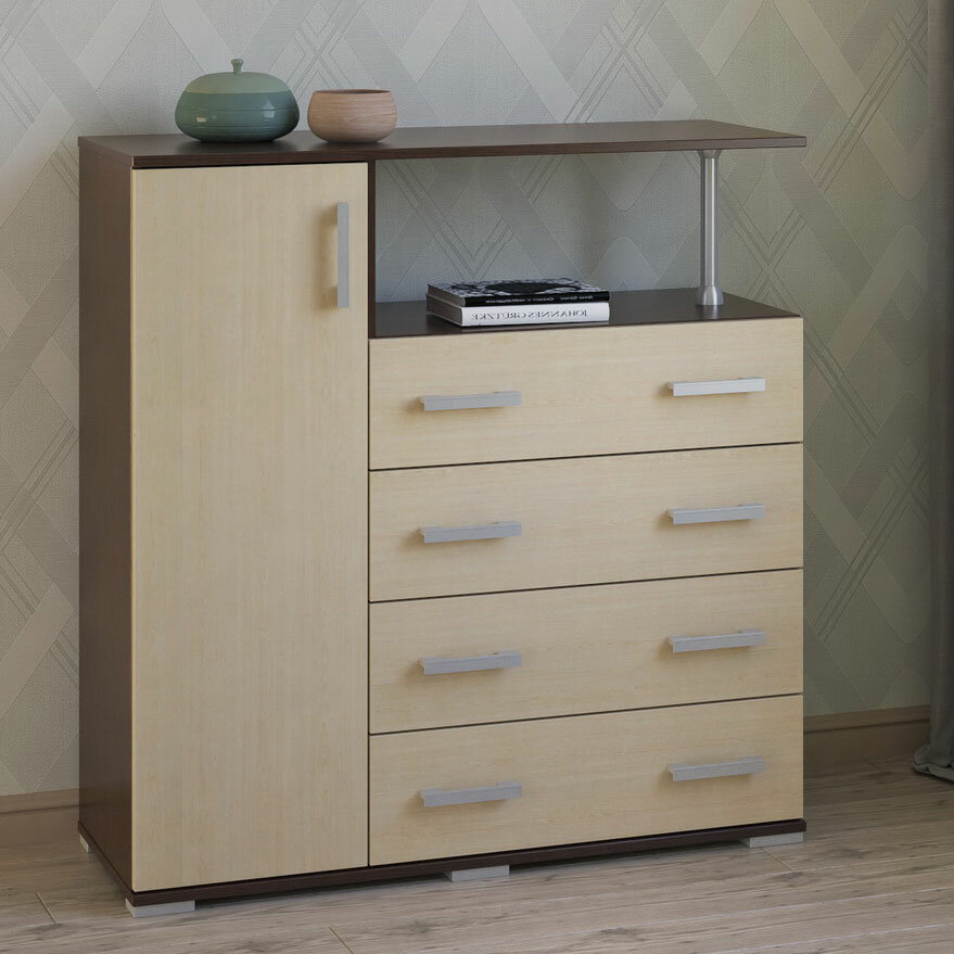 Комод с 4 ящиками, узкой дверкой и полочкой МагМебель №10 венге, дуб молочный
