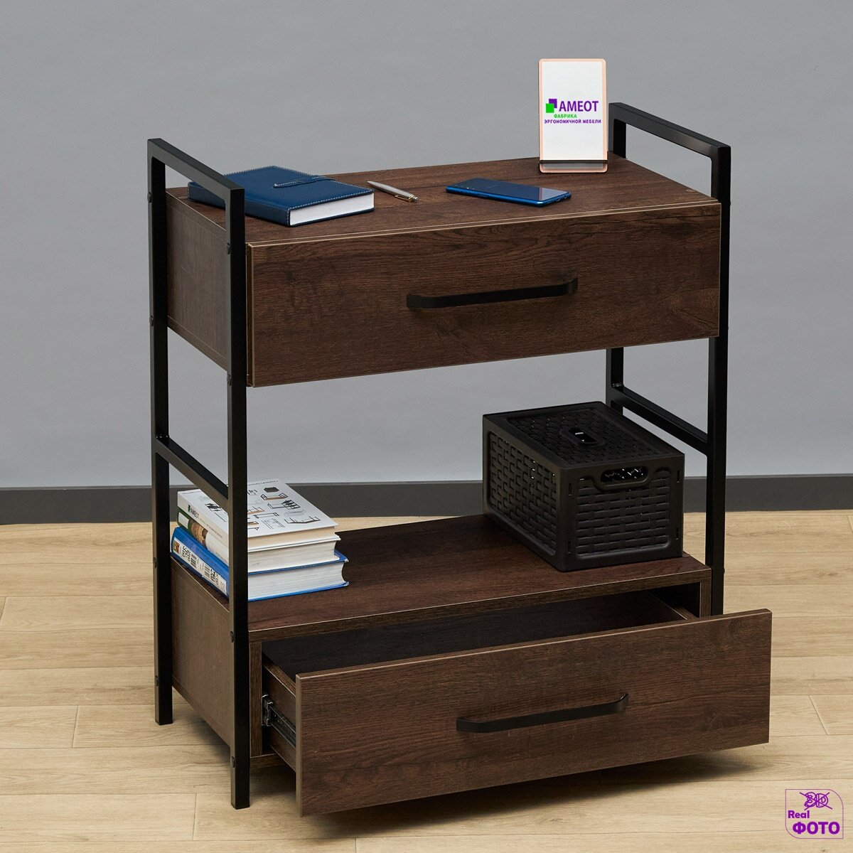 Комод на металлических стойках Сусар 4Д дуб апрельский шоколадный ш70/г34/в82