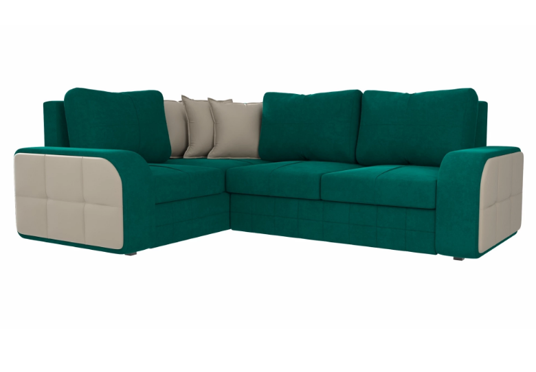 Угловой диван Николь №2 Велюр Зеленый/Экокожа Бежевый угол левый, Ящик для белья, 268х195х95см