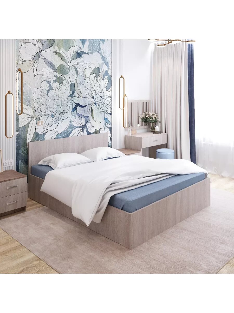 Кровать КМК, двуспальная, с изголовьем, ЛДСП, ясень шимо светлый