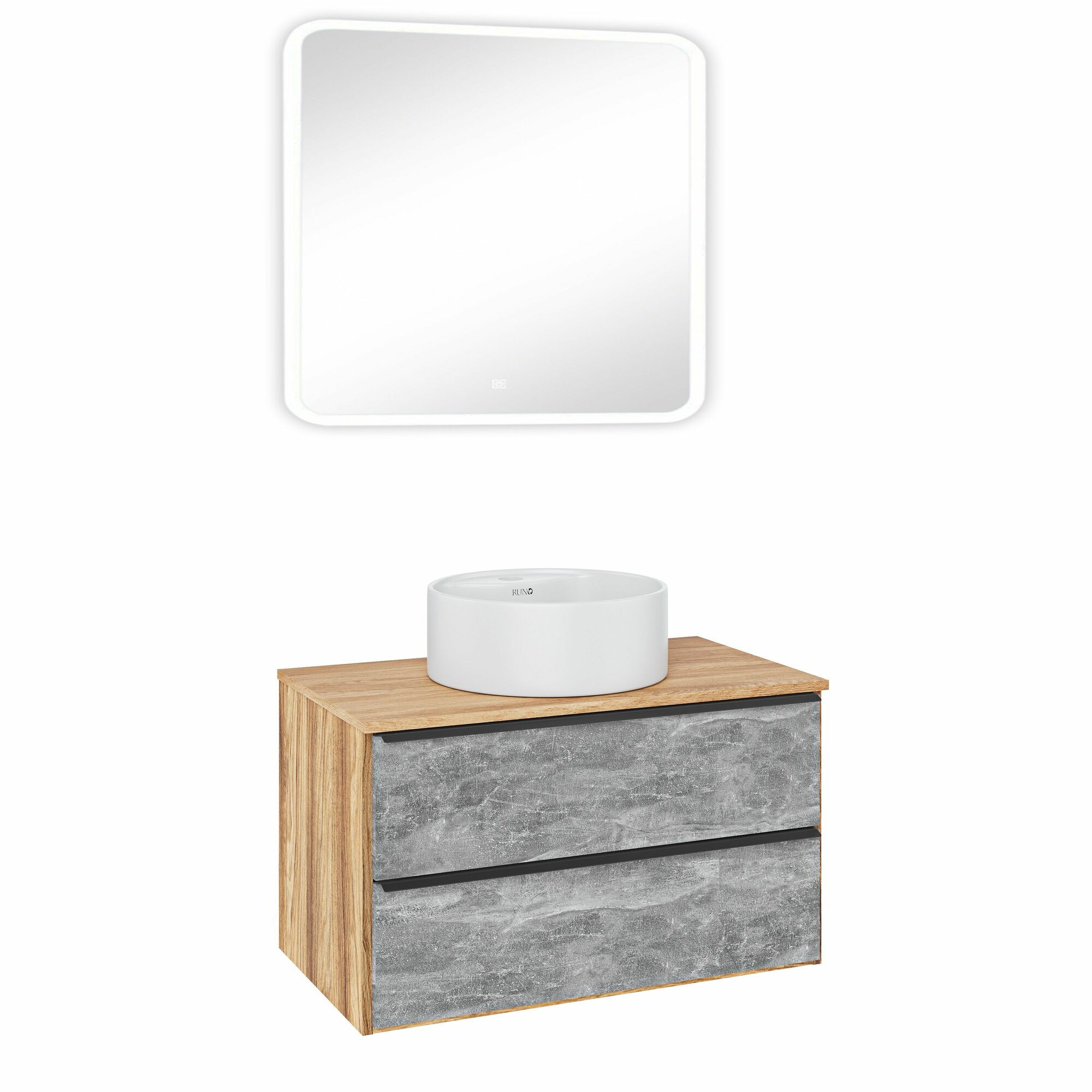 Мебель для ванной Мальта 85, черный дуб (тумба подвесная с раковиной Sole, зеркало Руан 80х80)