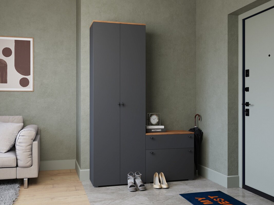 Прихожая МебельЛэнд24 Квели - 4 Графит 131x35x200 серый для одежды со шкафом с тумбой