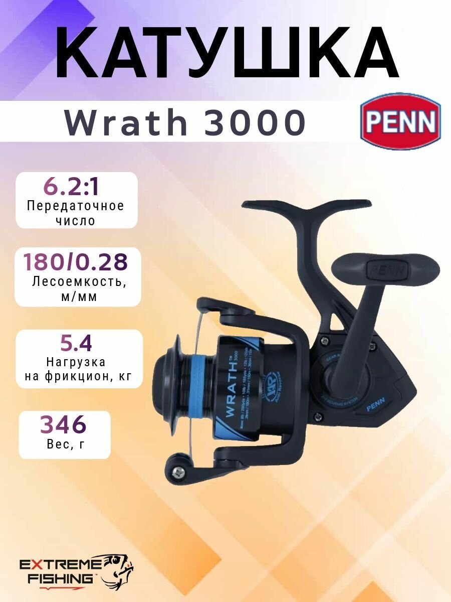 Спиннинговая катушка Penn Wrath 3000, безынерционная, лесоёмкость 28 мм, 31 мм, 36 мм