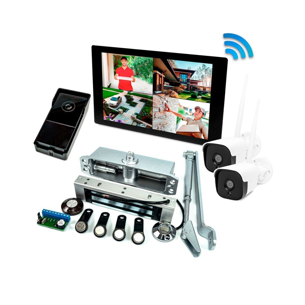 Цветной Wi-Fi домофон TUYA с 2 камерами и электромагнитным замком - Sky-Net 1000 (1+2+180G) (Q23868SKY): HD экран 10 дюймов, вызывная видеопанель, 2