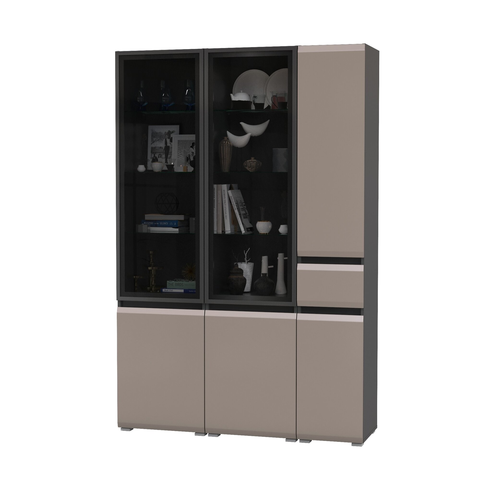 125 Два шкафа-витрины и пенал-шкаф с ящиком Сидней, цвет антрацит/веллюто капучино, 135х41,3х205,2 см.