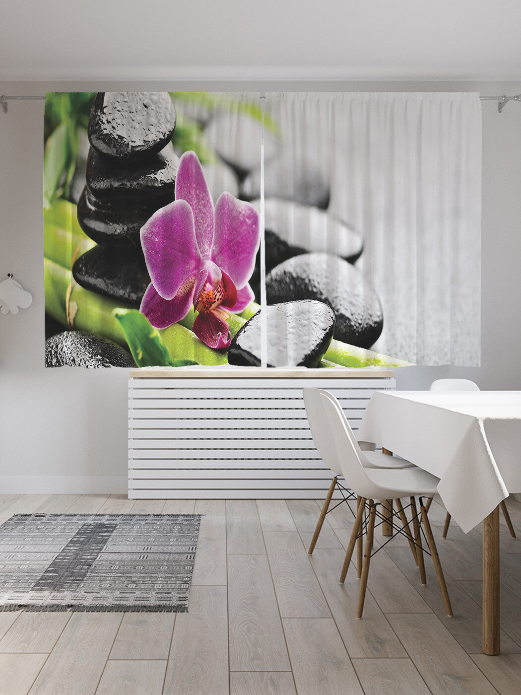 Фотошторы короткие "Орхидея в каменном саду", 2 полотна шириной по 145 см, высота 180 см, JoyArty