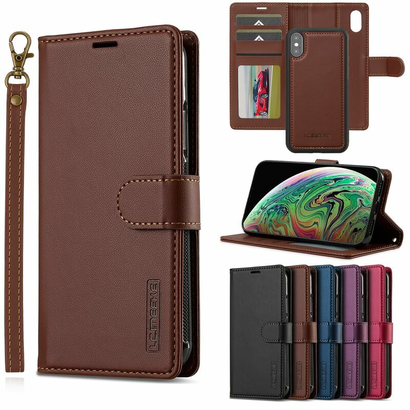 LCIMEEKE Чехол-книжка для Apple iPhone X / iPhone XS (Айфон Х / Айфон ХС) Роскошный дизайнерский 2 в 1 съемный кожаный чехол-кошелек с ремешком на руку