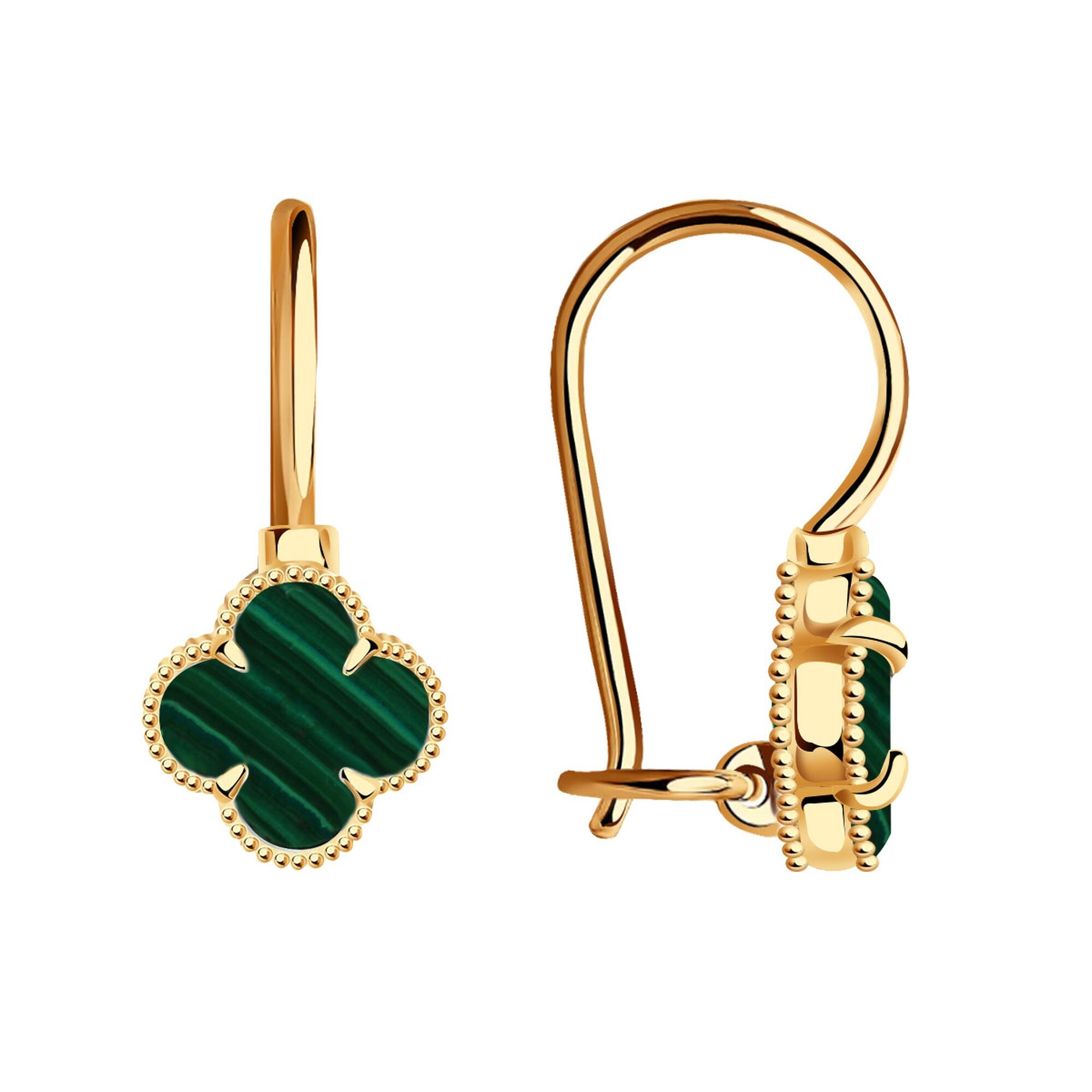 Серьги, красное золото, 585 проба, малахит