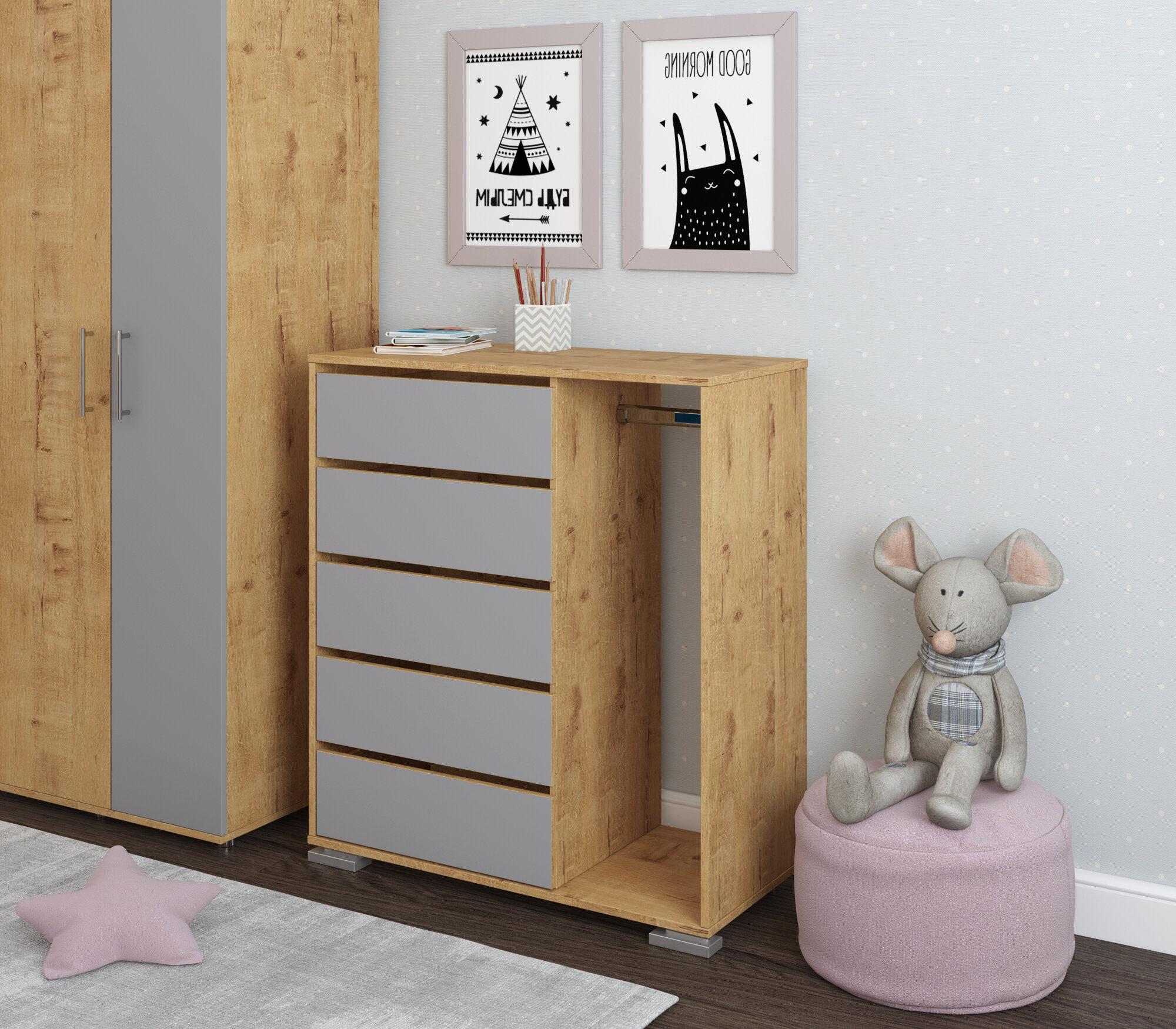 Шкаф, комод, шкаф-комод с ящиками, со штангой Есэндвич Лаворо, 90x43х102 см, левый (Дуб бунратти/Вулканический серый)