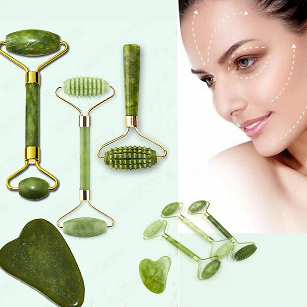 Гуаша Натуральный Камень Нефрит Массаж Лица Гуа Ша Массажер Инструмент Массаж Нефритовый Роликовый Набор Визаж Руло де Массаж Руло Визаж