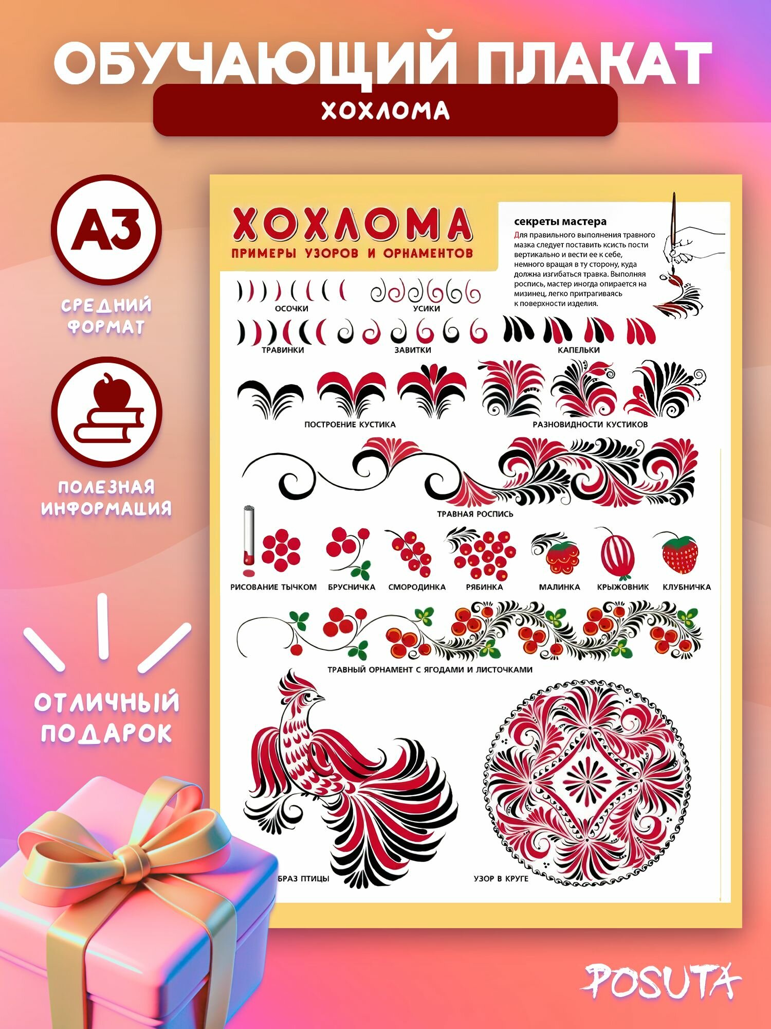 Постер на стену интерьерный Хохлома роспись